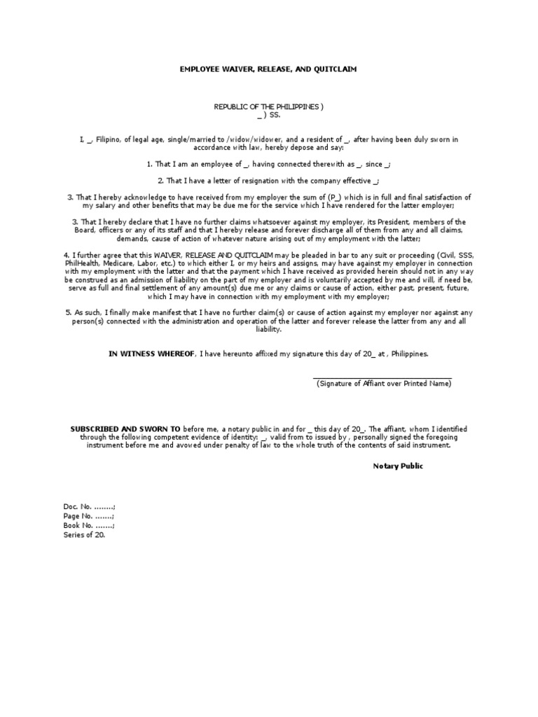 Employee Waiver (Format 2) | PDF | Notary Public | Affidavit