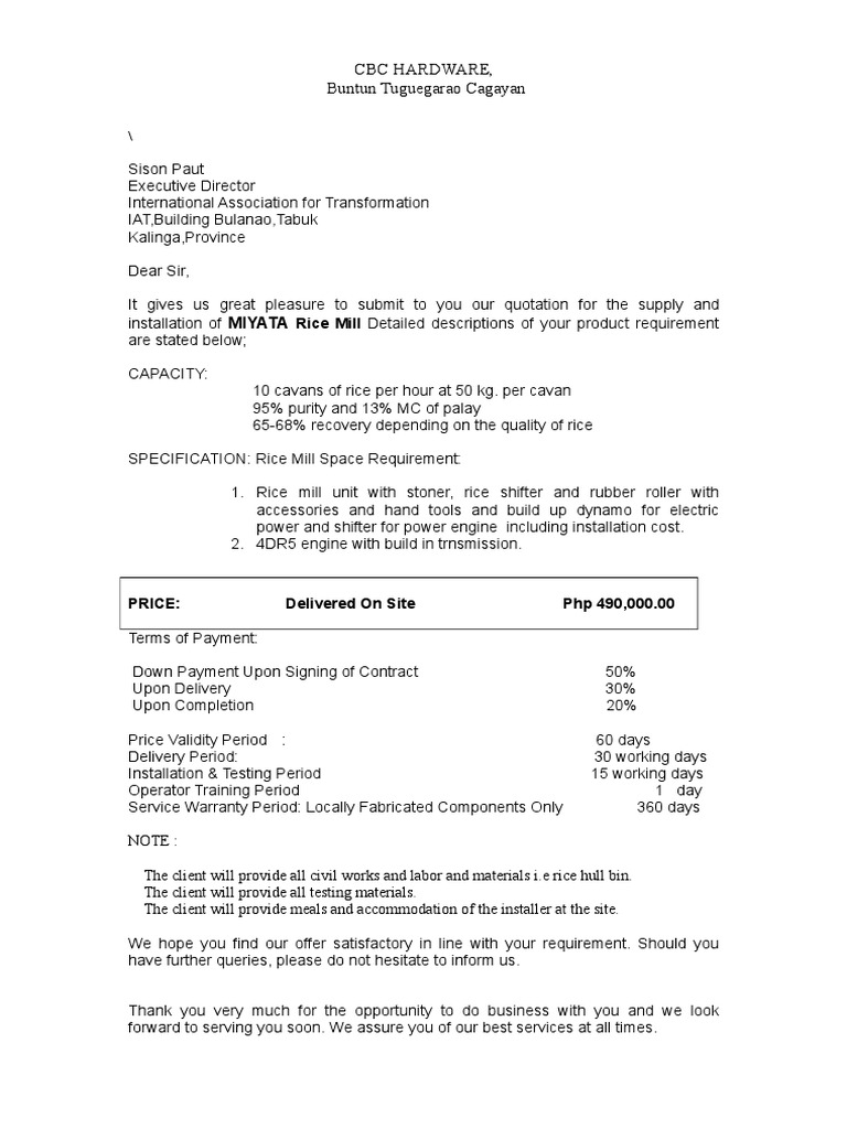 Rice Mill Quotation,IATPHIL SATAKE - CBC.doc | Business