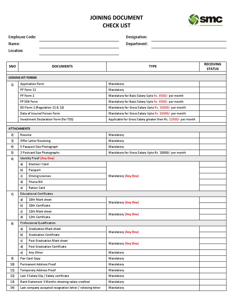 Checklist For Joining | PDF | Document | Written Communication