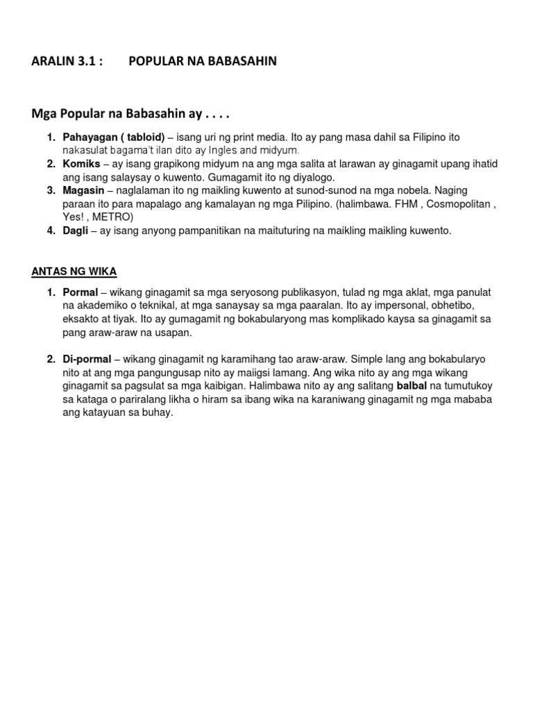Notes Grade 8 Filipino | PDF