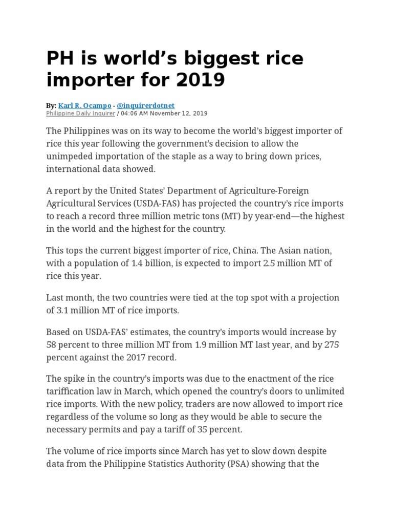 PH Top Rice Importer | PDF | Rice | Philippines