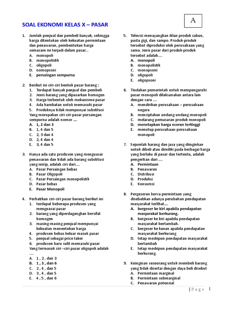 Soal Ekonomi Kelas X Pasar A Kunci | PDF