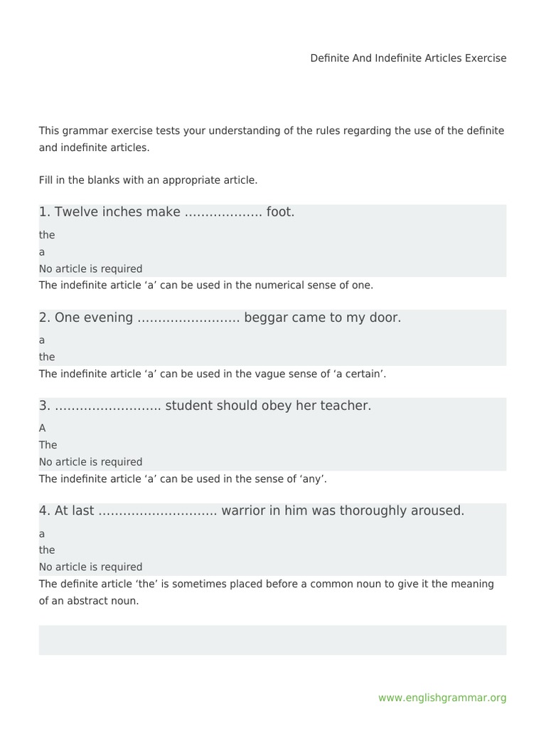 Definite and Indefinite Articles Exercise | PDF | Scientific ...