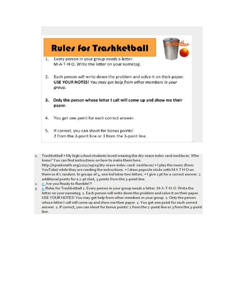 Trashketball Game Instructions and Rules | PDF