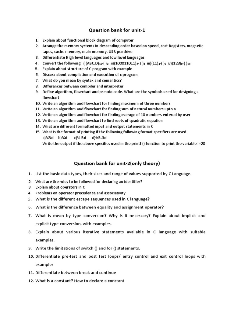 Question Bank For Unit-1 | PDF | C (Programming Language) | Algorithms