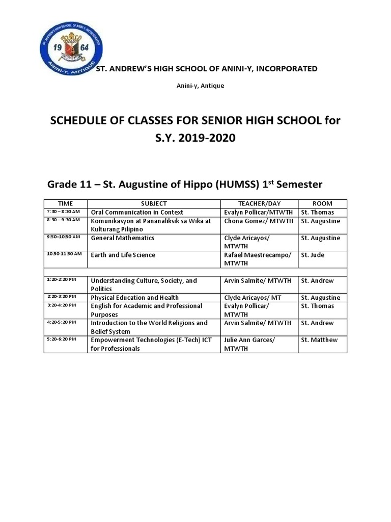 Schedule of Classes For Senior High School For S.Y. 2019-2020 | PDF | Cognition | Behavior ...