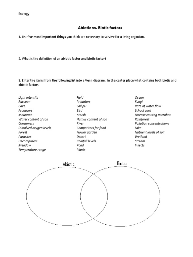 Abiotic Vs Biotic Factors Worksheet | PDF | Ecosystem | Soil