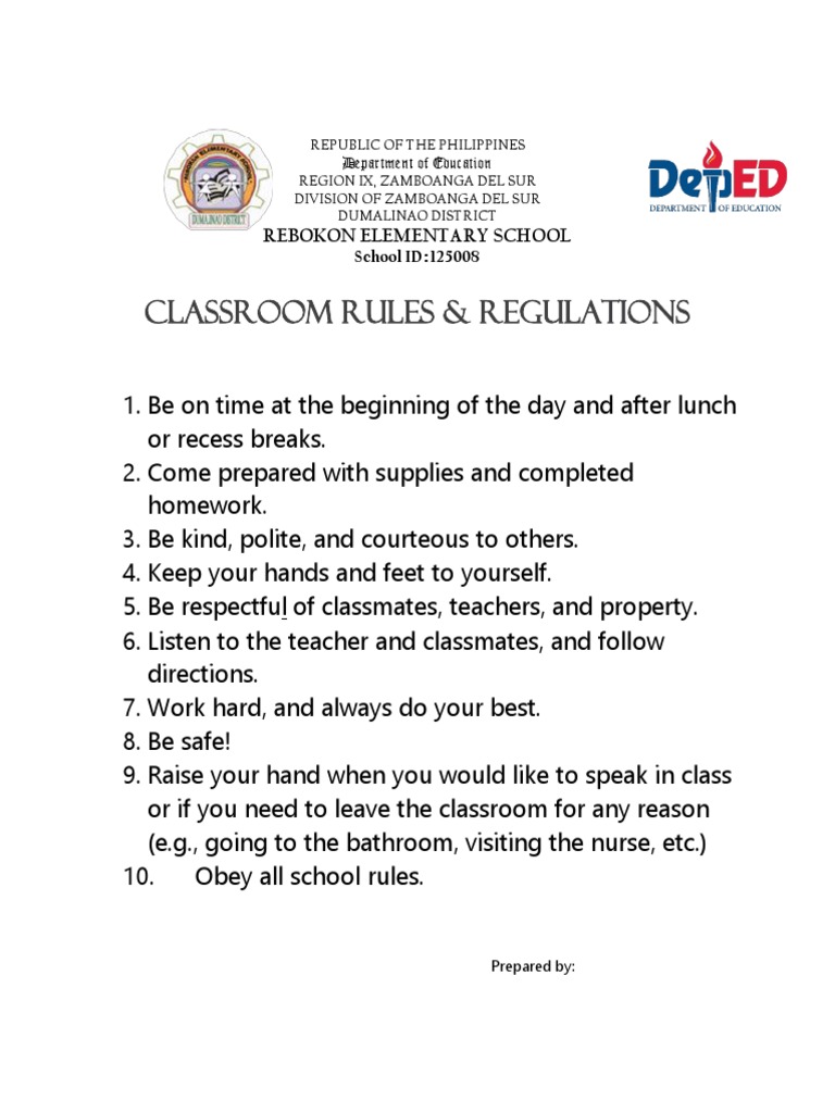 Classroom Rules & Regulations: Rebokon Elementary School | PDF