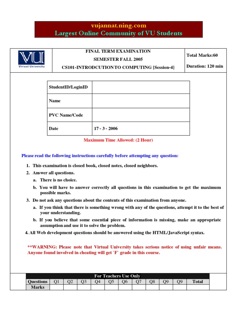 CS101 Final Term Exam Guidelines | PDF | Computer Program | Programming