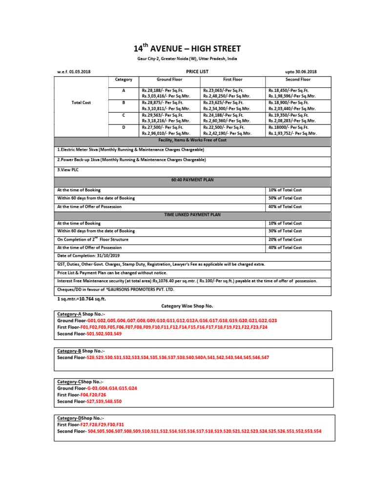 Revised Price List Gaur-15.03.181 | PDF | Pricing | Payments