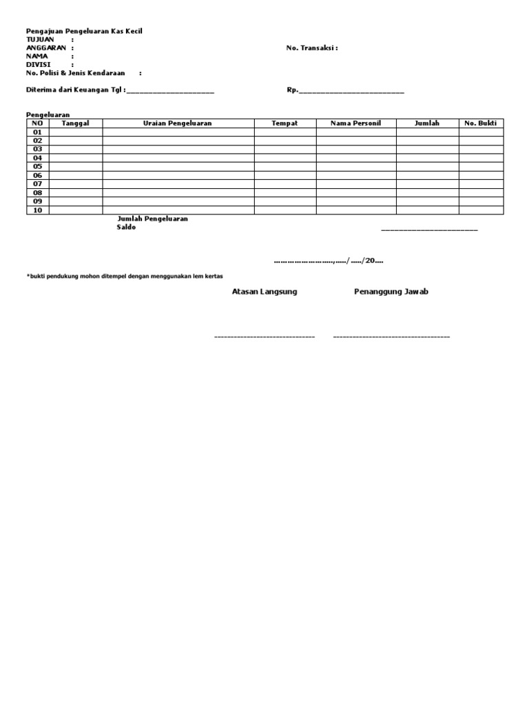 FORM Pengajuan Pengeluaran Kas Kecil | PDF | Pengelolaan Keuangan & Uang | Hukum