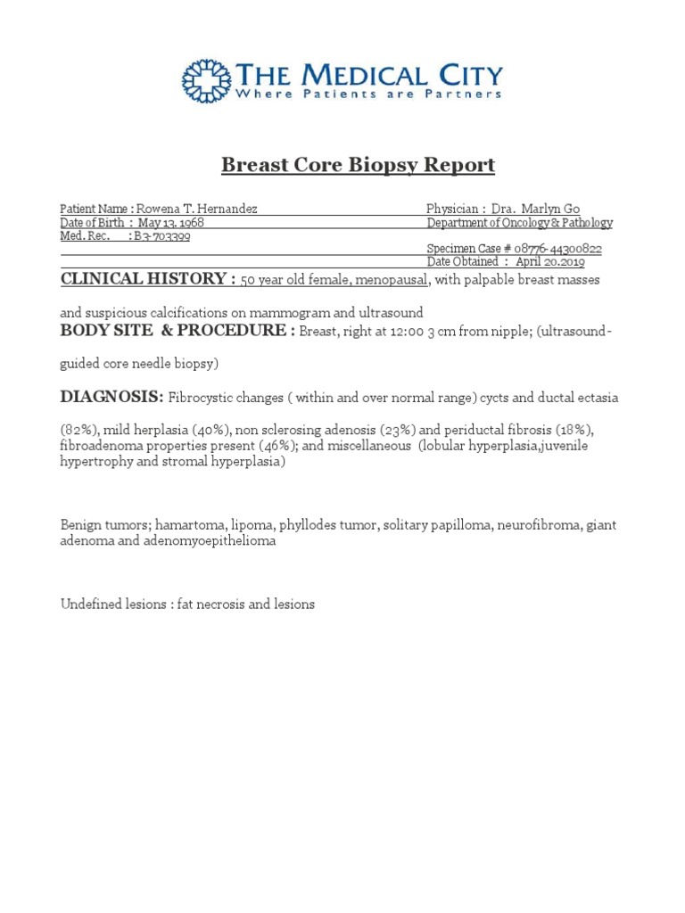 Breast Core Biopsy Report: Clinical History: Body Site & Procedure | PDF