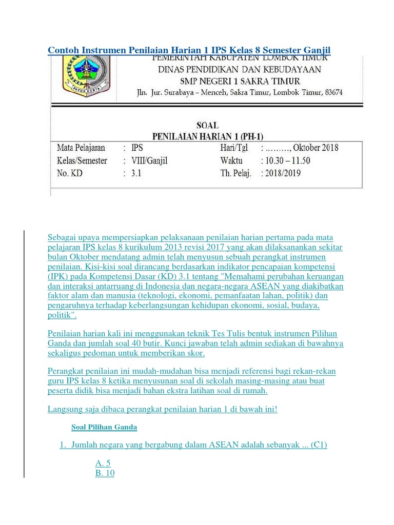 Contoh Instrumen Penilaian Harian 1 IPS Kelas 8 Semester Ganjil | PDF ...
