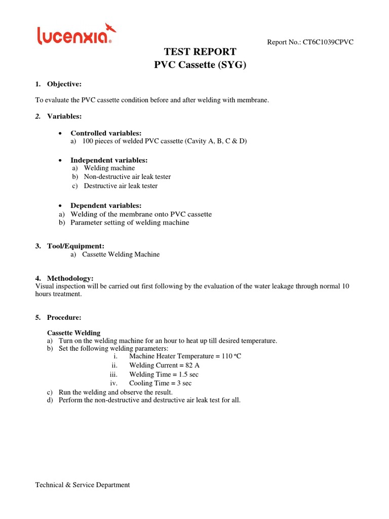 PVC Cassette Welding Test Report | PDF | Leak | Welding