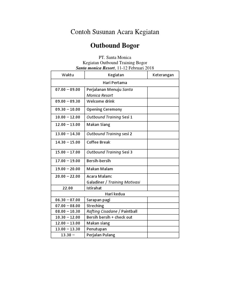 Contoh Susunan Acara Kegiatan Outbond | PDF | Karier & Perkembangan