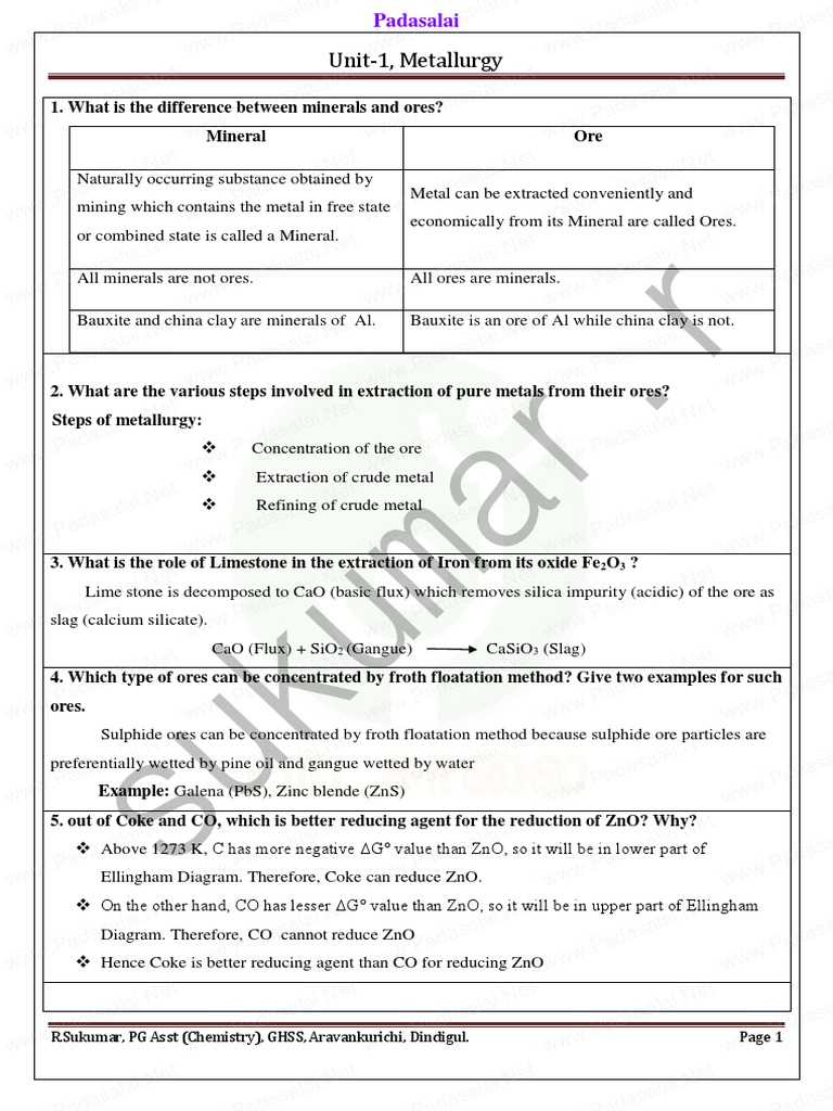 12th Chemistry Unit 1 Study Material English Medium | PDF | Minerals ...