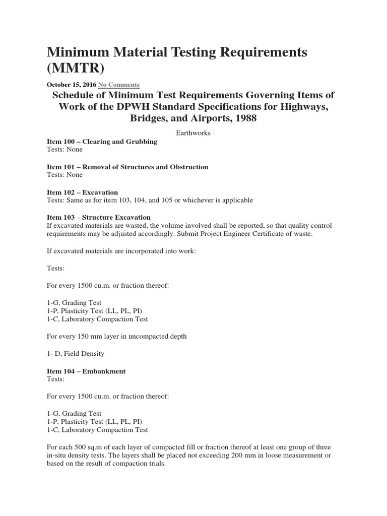 Minimum Material Testing Requirements | Download Free PDF | Road ...