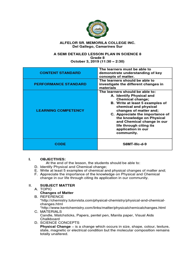 Demo Lesson Plan: Changes of Matter | PDF | Gases | Matter