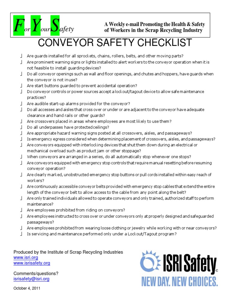 Conveyor Safety Checklist | PDF | Prevention | Safety