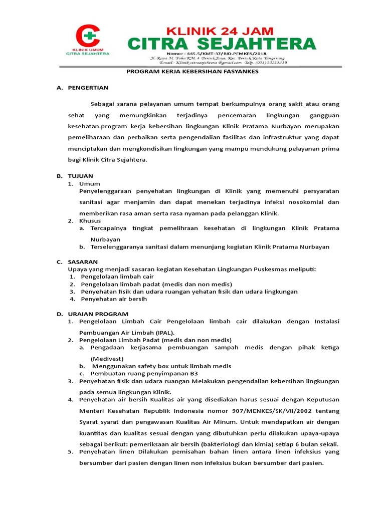1.6.1ep6 Program Kerja Kebersihan Lingkungan Klinik Pratama | PDF
