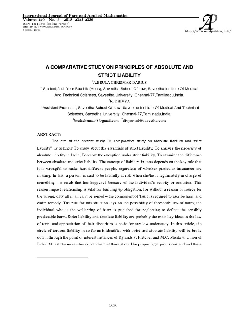 A Comparative Study On Principles of Absolute and Strict Liability ...