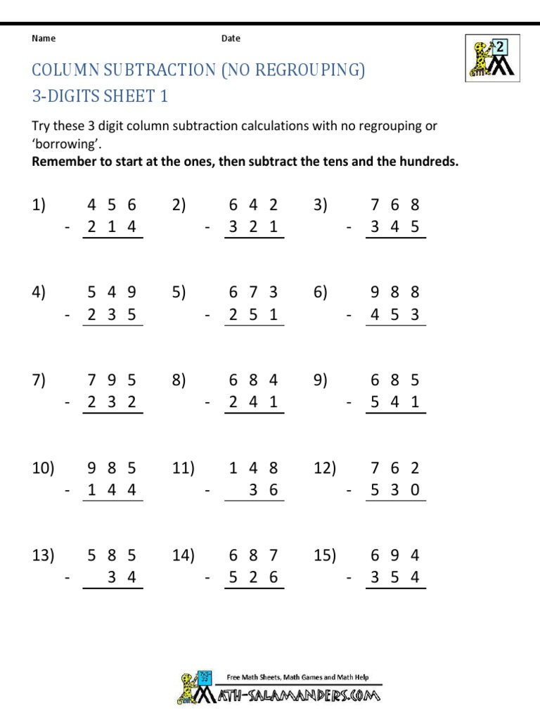 Column Subtraction 3 Digits No Regrouping 1 | PDF