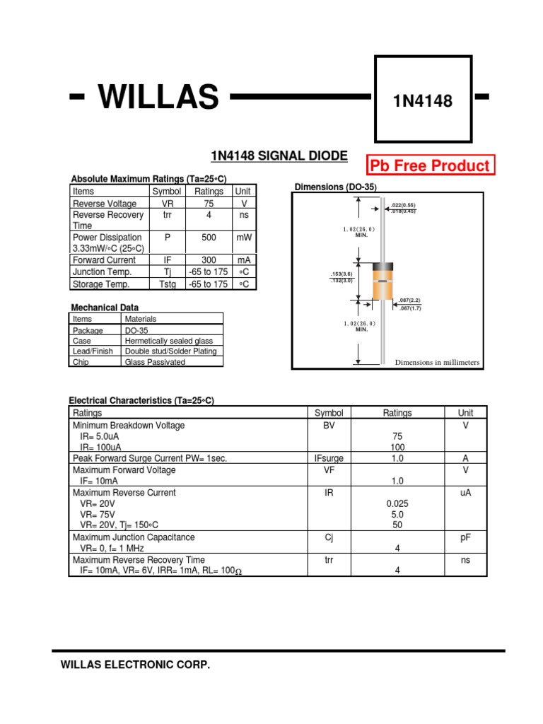 Diode 1N4148 Data Sheet | PDF | Diode | Electromagnetism