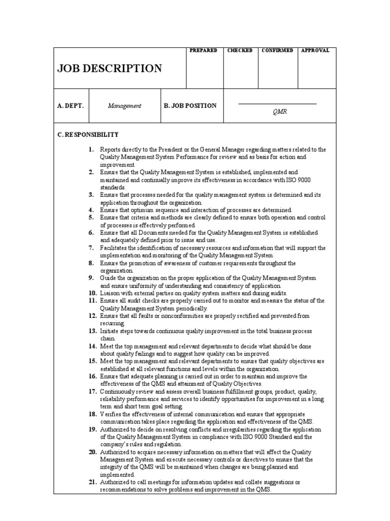 QMR Job Description and Responsibilities | PDF | Quality Management ...