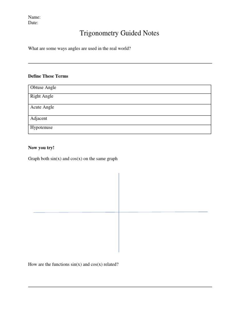 Trigonometry Guided Notes: Define These Terms | PDF