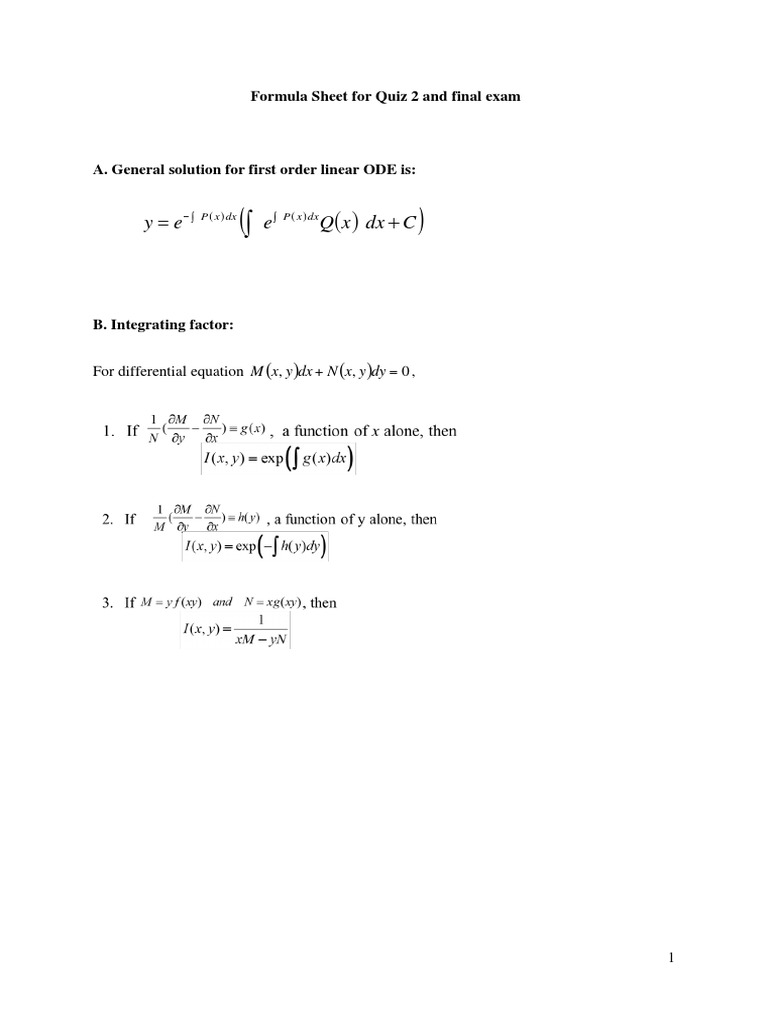First Order ODE Formula Sheet | PDF