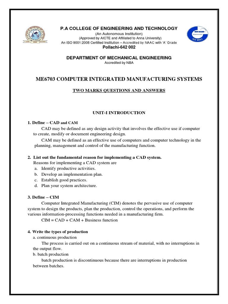 CIMS Two Marks | PDF | Automation | Enterprise Resource Planning
