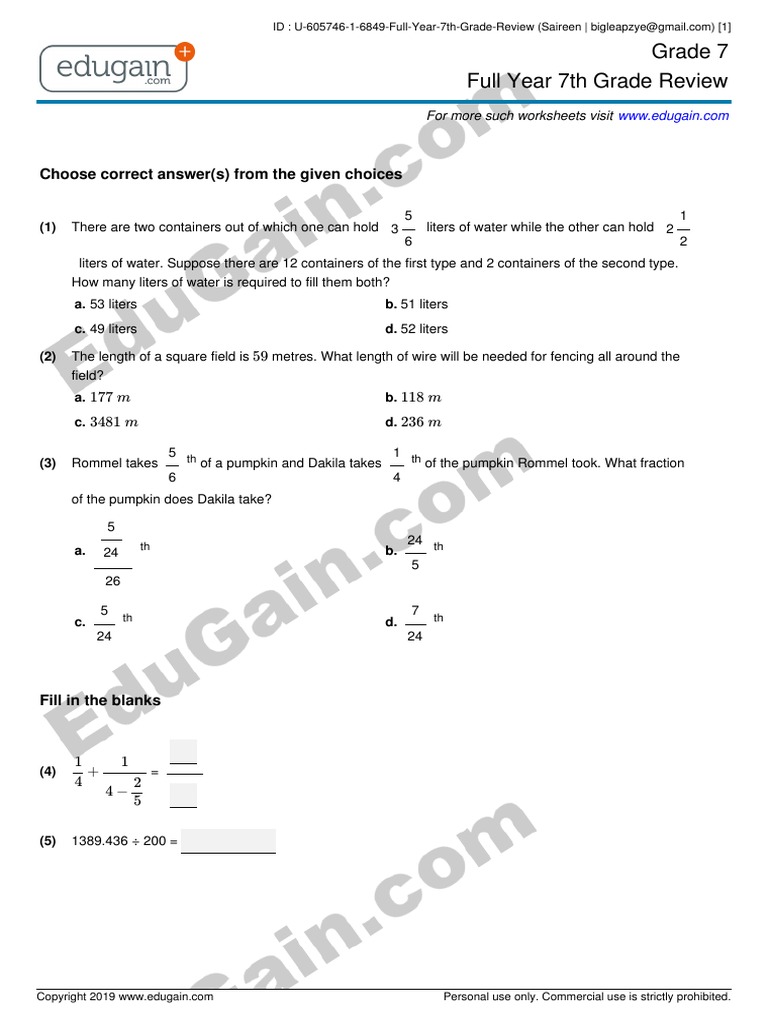 Grade 7 Full Year 7th Grade Review: Choose Correct Answer(s) From The ...