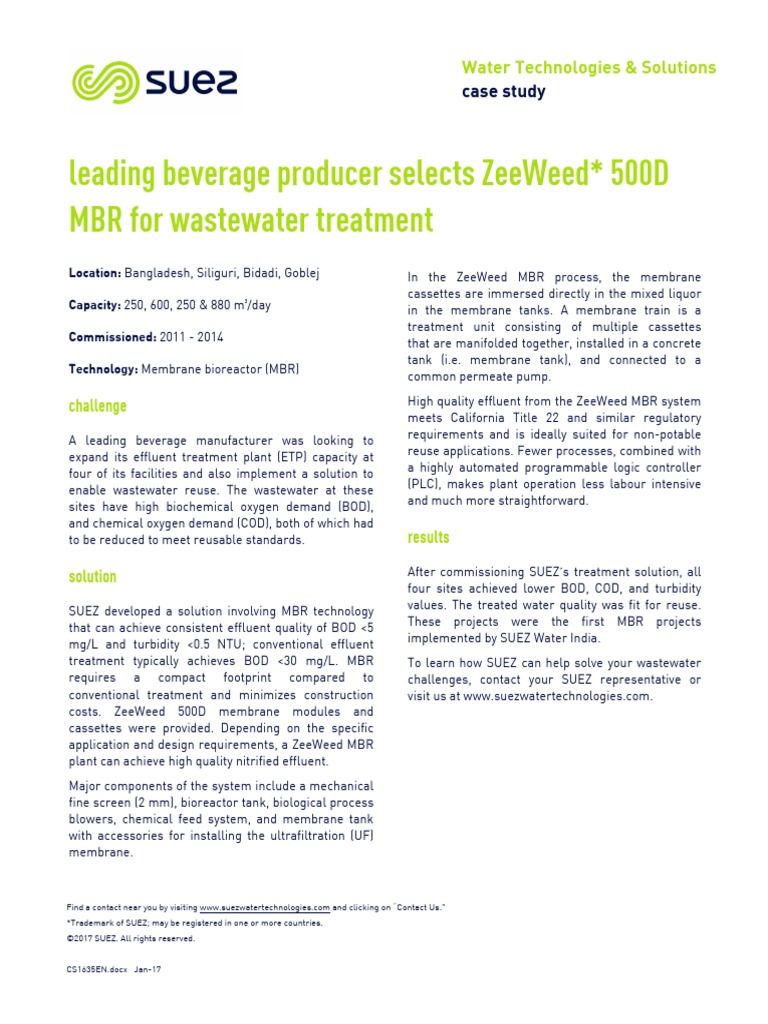 Leading Beverage Producer Selects Zeeweed 500D MBR For Wastewater ...