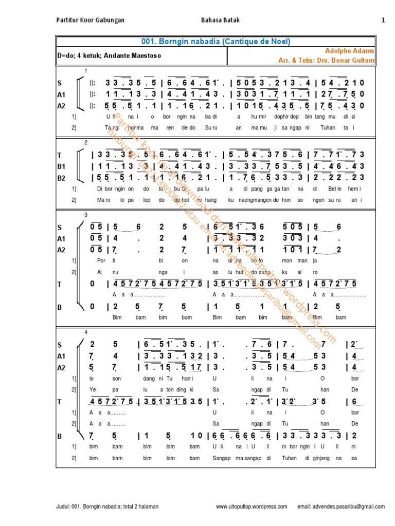 Borngin Nabadia (Cantique de Noel) : Partitur Koor Gabungan Bahasa ...