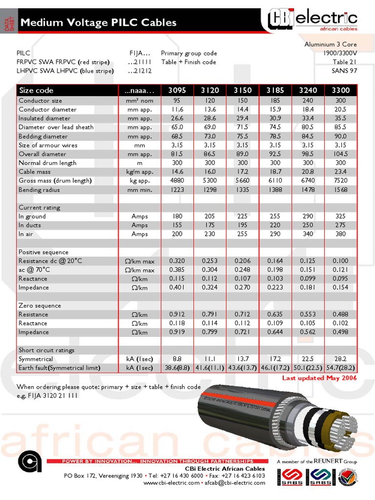 33kV MV PI Aluminium 3 Core SWA Table 21 | PDF | Electrical Impedance | Electrical Components