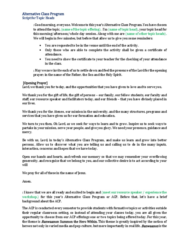 Alternative Class Program: (Name of The Topic Offering) - (Name of Topic Head) (Name of Other ...