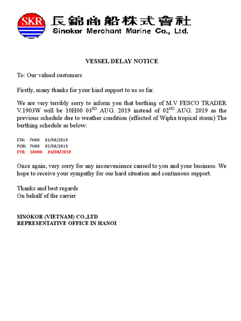 Vessel Delay Notice: Sinokor (Vietnam) Co.,Ltd Representative Office in ...