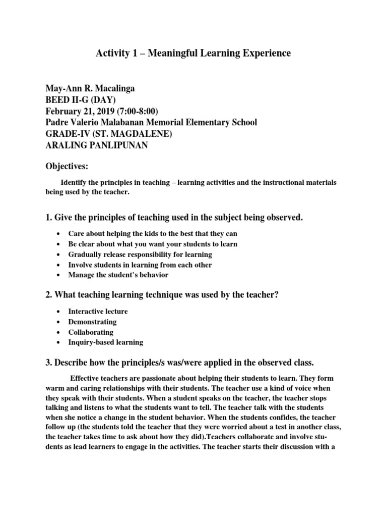 Activity 1 - Meaningful Learning Experience | PDF | Educational ...