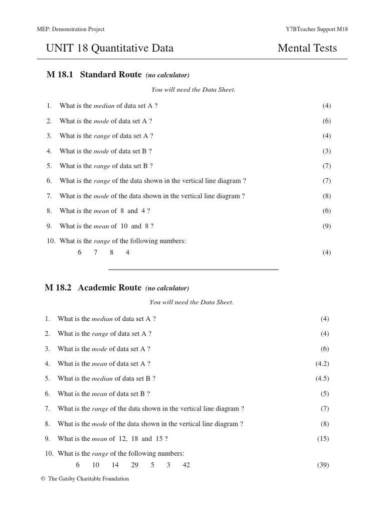 UNIT 18 Quantitative Data Mental Tests: M 18.1 Standard Route | PDF ...