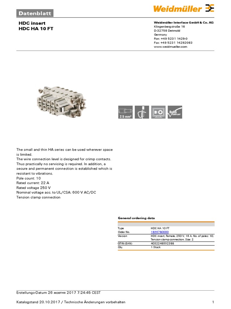 Datenblatt: HDC Insert HDC Ha 10 FT | PDF | Wire | Electrical Connector