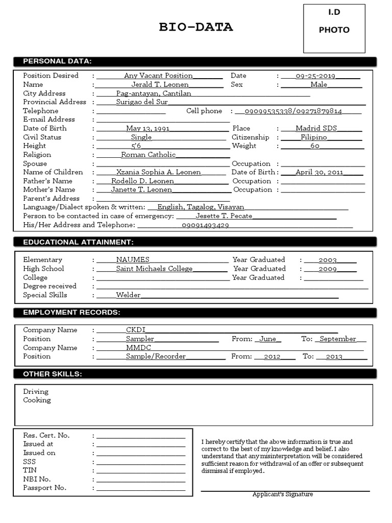 Bio Data Form | PDF | Government And Personhood