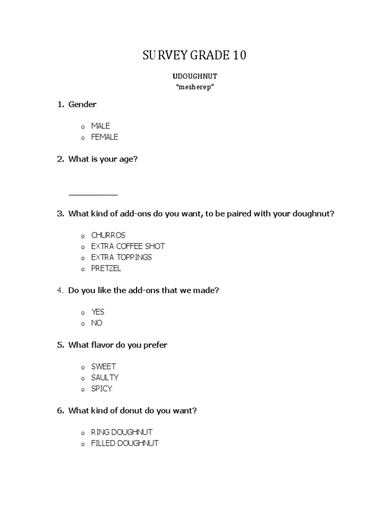 Survey Grade 10: Udoughnut 1. Gender | PDF