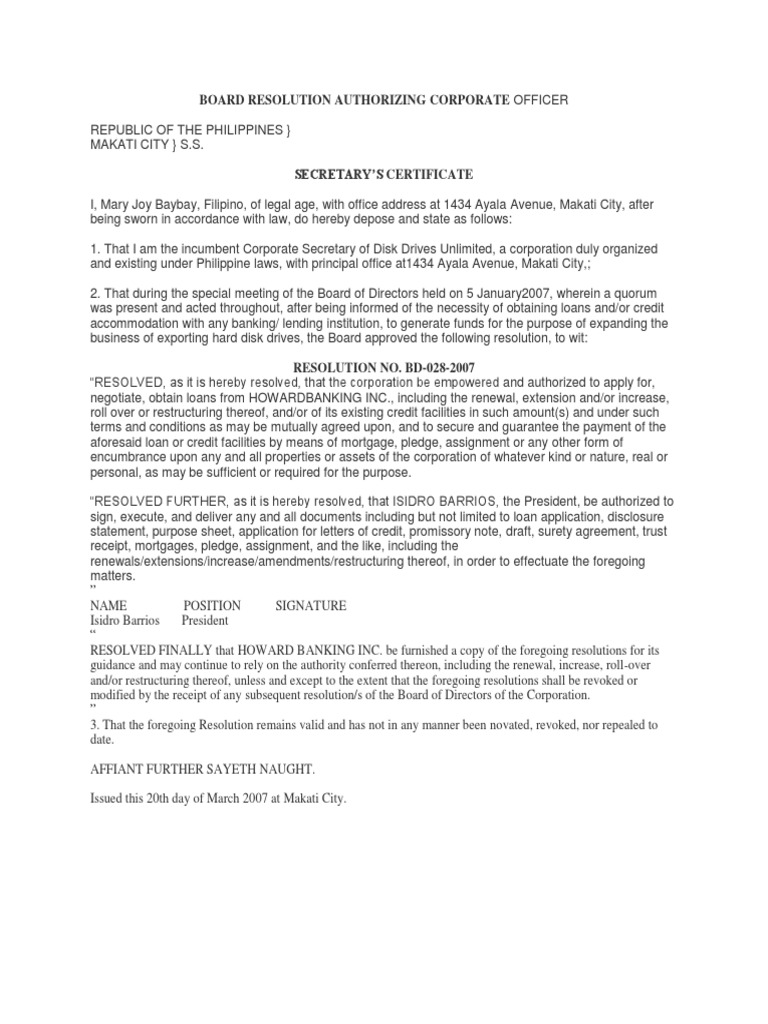 Board Resolution Authorizing Corporate | PDF | Loans | Credit