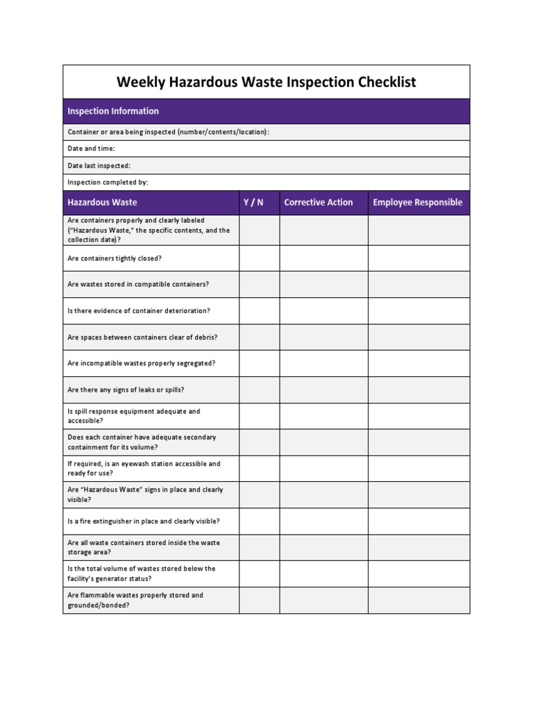 Weekly Hazardous Waste Inspection Checklist PDF | PDF
