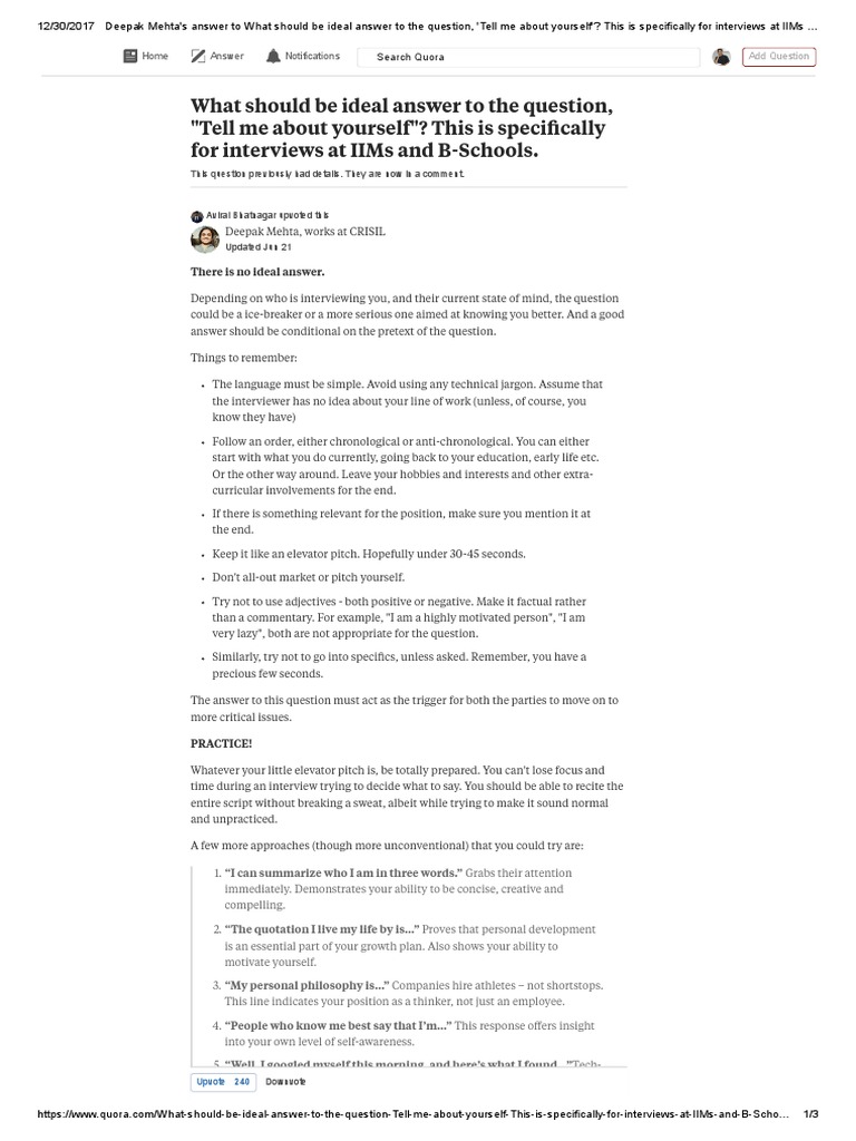 Tell Me About Yourself Question IIM Interview | PDF