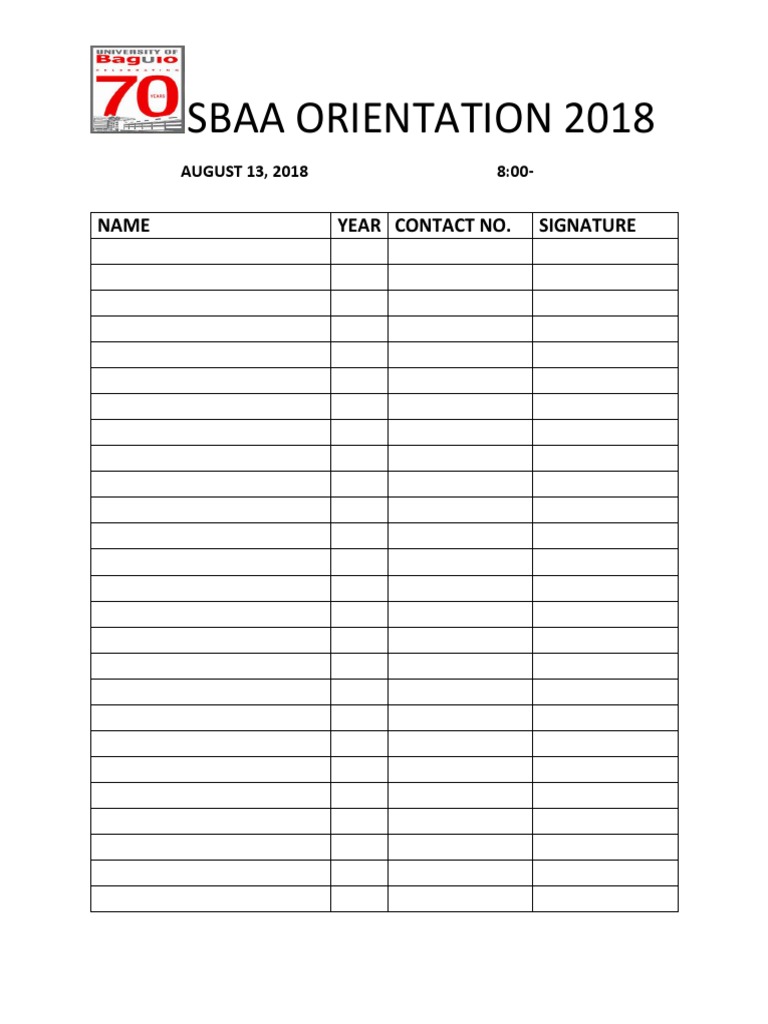 Sample Orientation Attendance Sheet | PDF