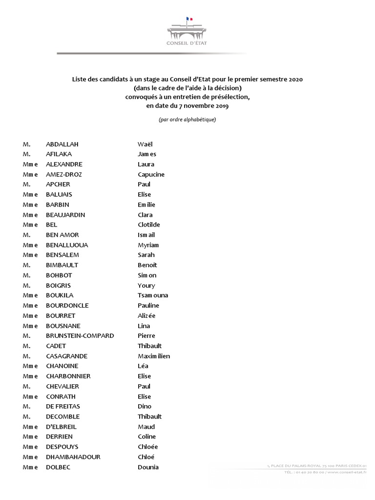 Offres de Stages Au Conseil D'etat - Liste Des Candidats ...