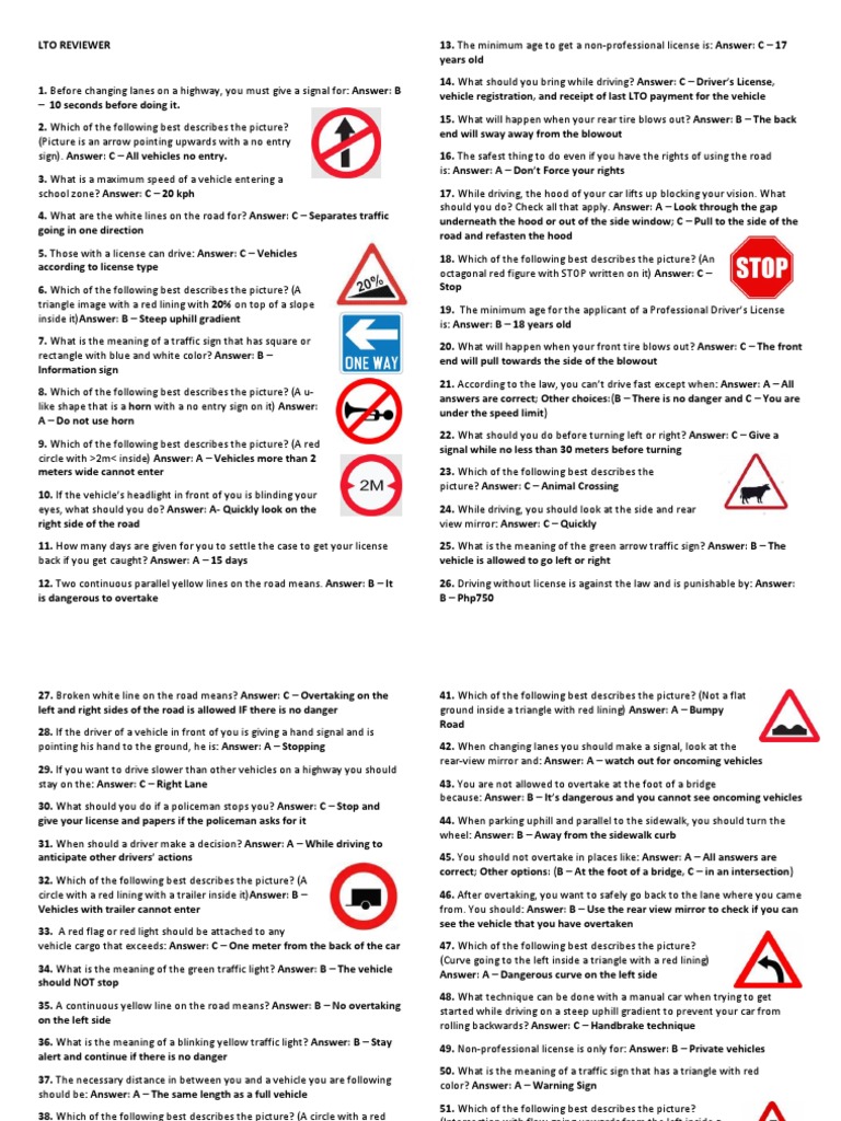 LTO REVIEWER: DRIVING RULES AND ROAD SIGNS | PDF | Traffic | Traffic Light