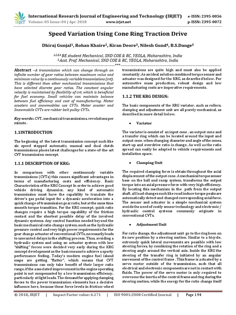 Speed Variation Using Cone Ring Traction Drive | PDF | Automatic ...