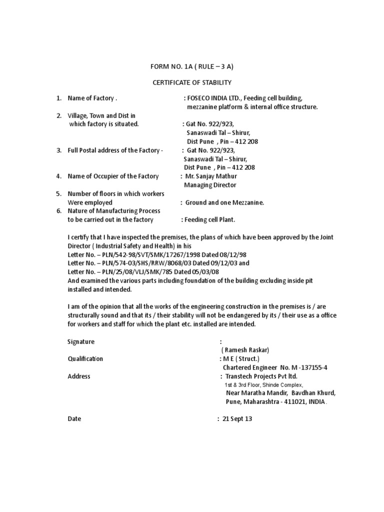 Form No. 1A (Rule - 3 A) Certificate of Stability: 1st & 3rd Floor ...